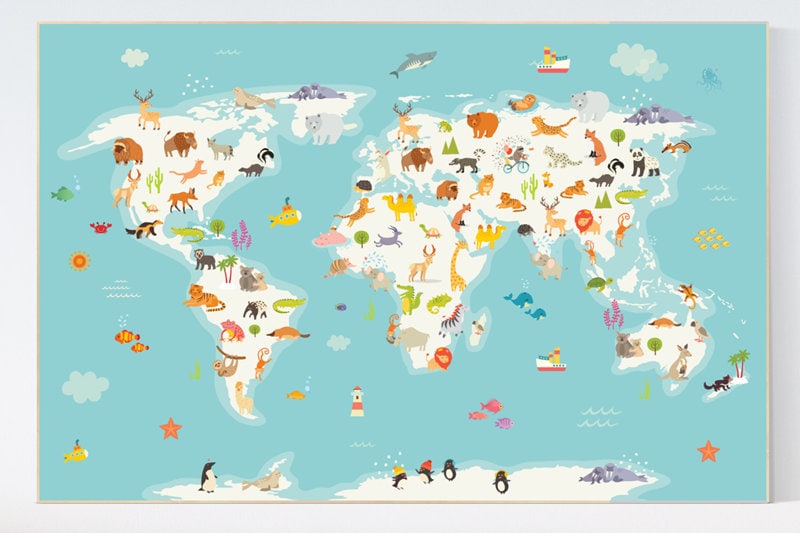 Animal map nursery, Animal world map, Nursery world map, Animals map ...