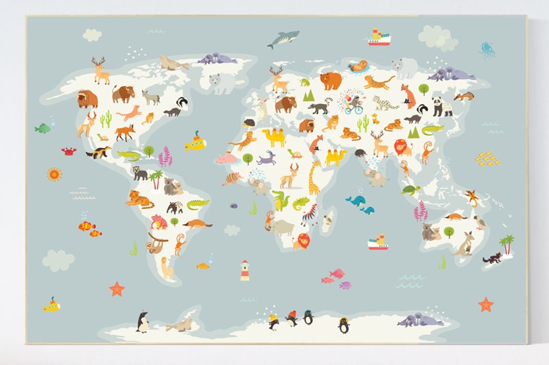Nursery world map, Animals map, Animal map nursery, Animal world map ...