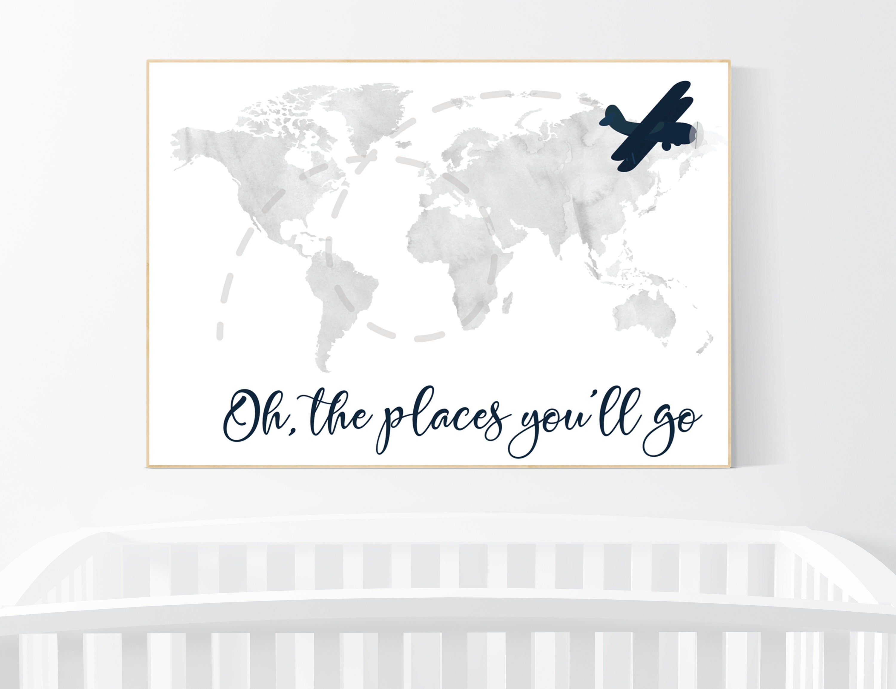 Nursery decor boy, world map, gray nursery, gray navy blue, adventure ...